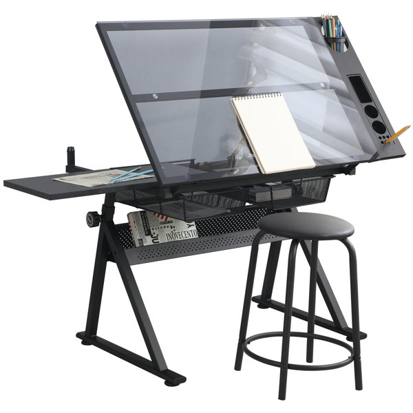Latitude Run® Height Adjustable Metal Drafting Table With Stool, Drawing Desk With Tiltable ...